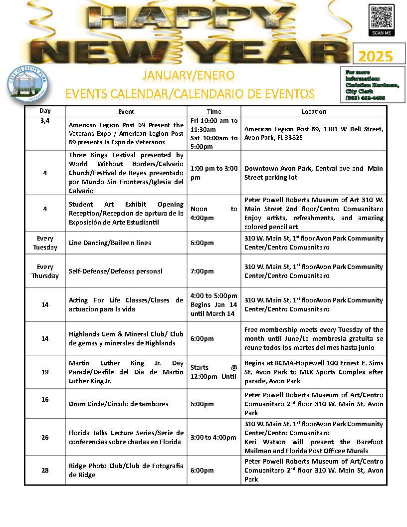 January 2025 Event Calendar | Avon Park FL